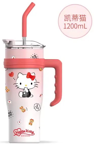 Dětský termohrnek - Hello Kitty, Kuromi, Cinnamoroll, Melody, nerezová ocel s brčkem (1200 ml) Barva: růžová (Hello Kitty)