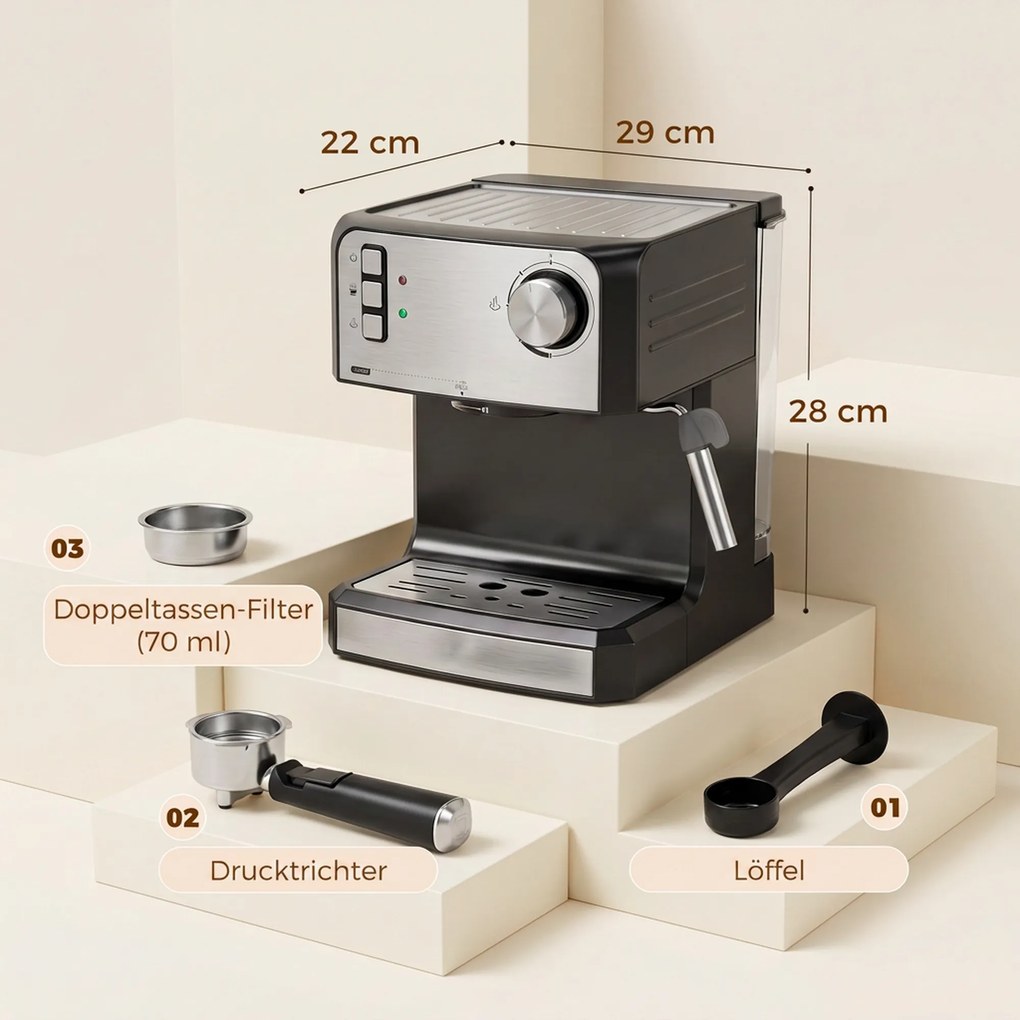 HOMCOM Espresso stroj, 20-bar kávovar s tryskou na našlehání mléka, 1,6 l nádrž na vodu, černý