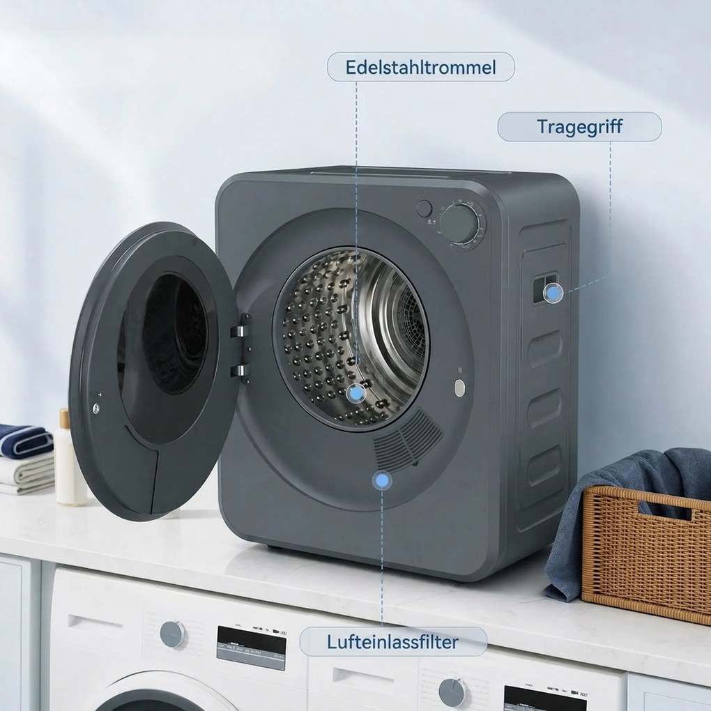 HOMCOM Mini sušička prádla 4 kg s 5 programy až do 60℃ 800W/400W odvětrávací sušička s nerezovým bubnem šedá