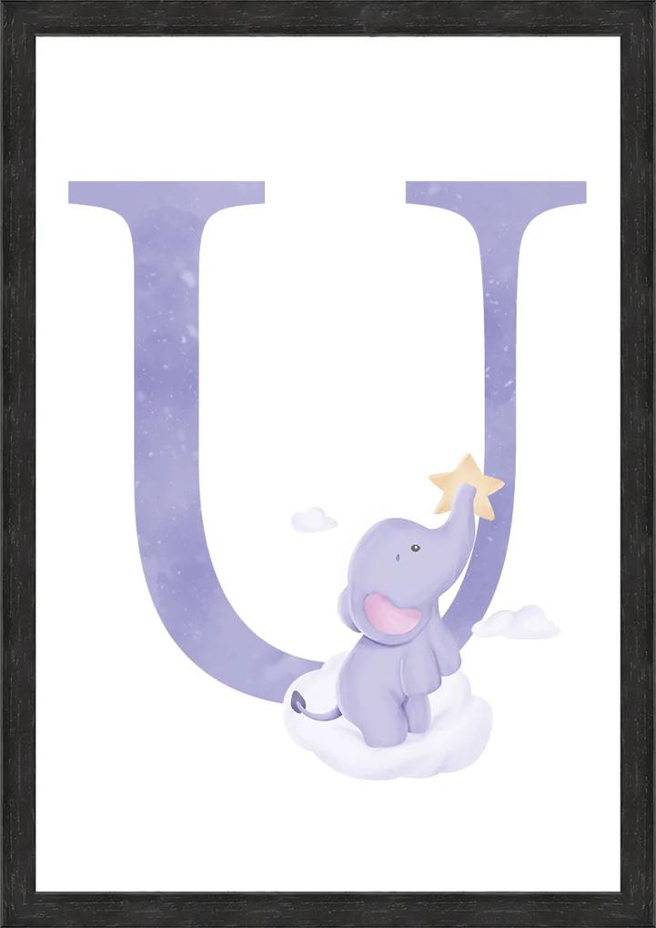 Abeceda písmena se slonem - Obraz, Plakát Velikost: B2 - 50x70 cm, Volba rámu: s černým rámem, Písmeno: U