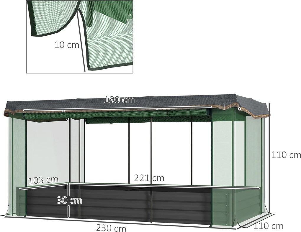 Outsunny vyvýšený zahradní záhon z oceli se sítí proti ptákům, tmavě šedý záhon na balkon a terasu, 230x110x110 cm, ideální ochrana proti slunci |