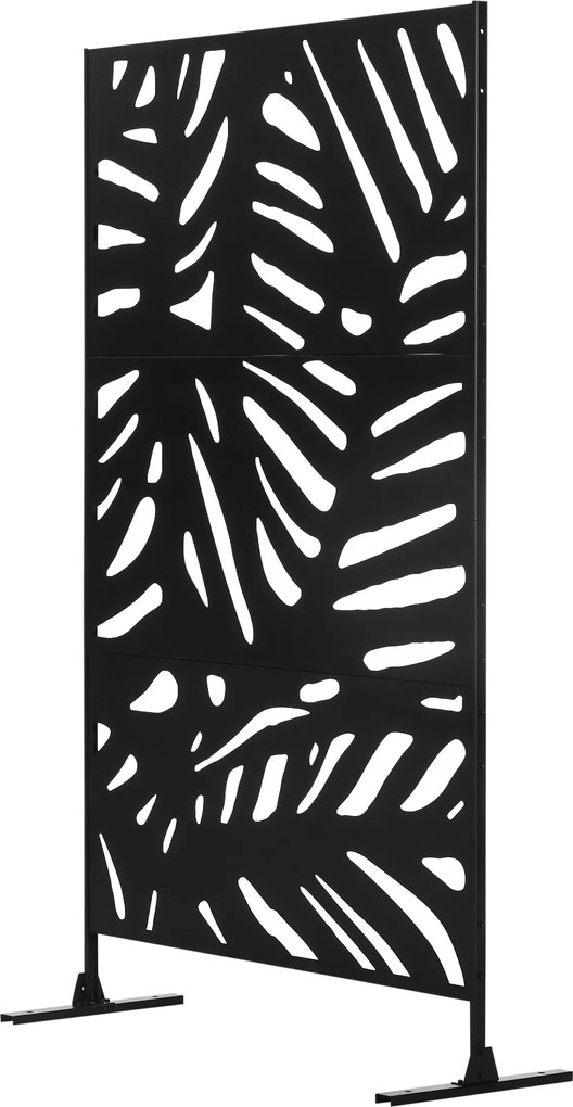 Zahradní závěs Outsunny 122 x 198 cm - balkonový závěs se stojanem, příčka, rozdělovací panel s listovým vzorem pro terasu, zahradu, ocel, černý | Aos