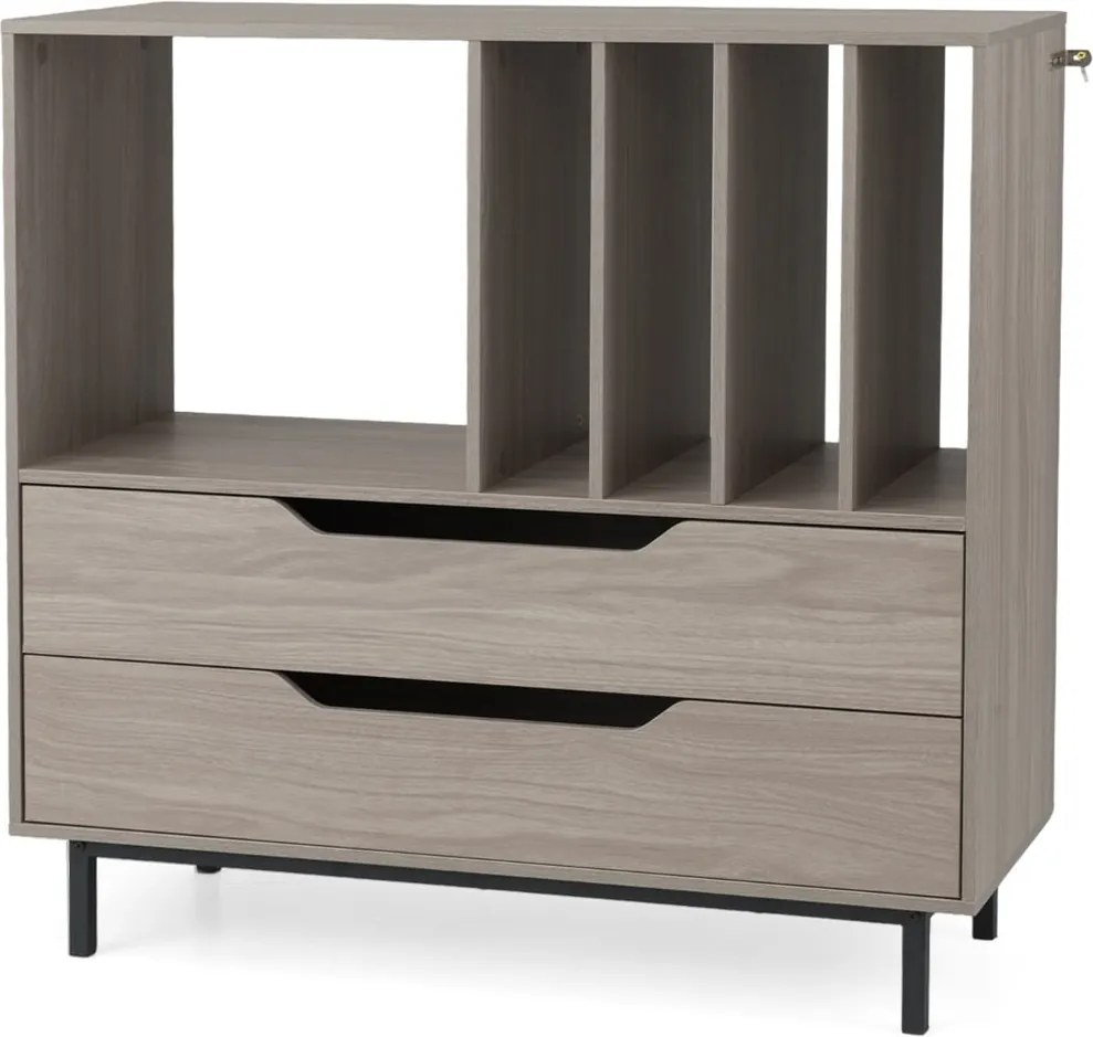 Costway Stojan na gramofon s 4 vinylovými přihrádkami a 2 zásuvkami