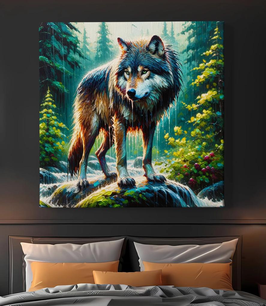 Obraz na plátně - Vlk v deštivém lese FeelHappy.cz Velikost obrazu: 120 x 120 cm