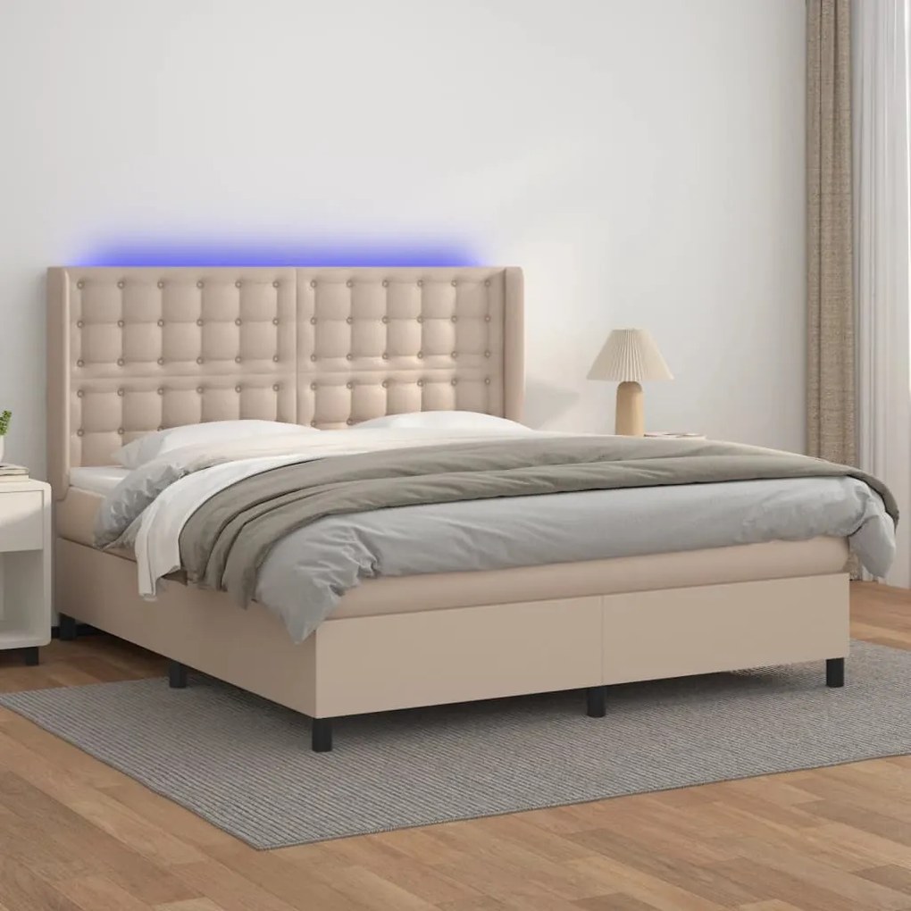 Box spring postel matrace a LED cappuccino 160x200cm umělá kůže