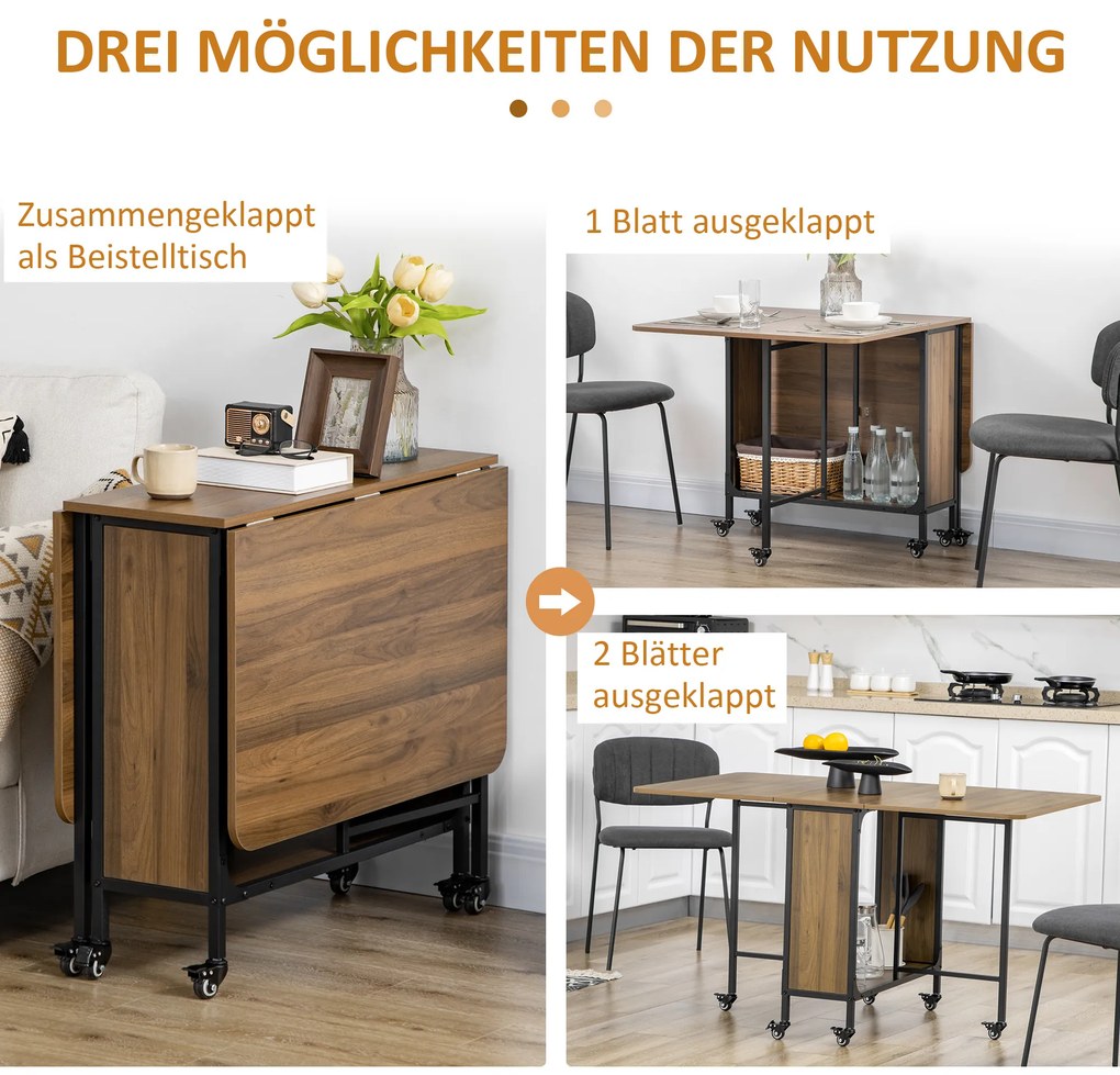 Jídelní stůl HOMCOM skládací pojízdný pro 6 osob, úložný prostor pro malé místnosti, do 50kg, 130x80x74cm, světle hnědý