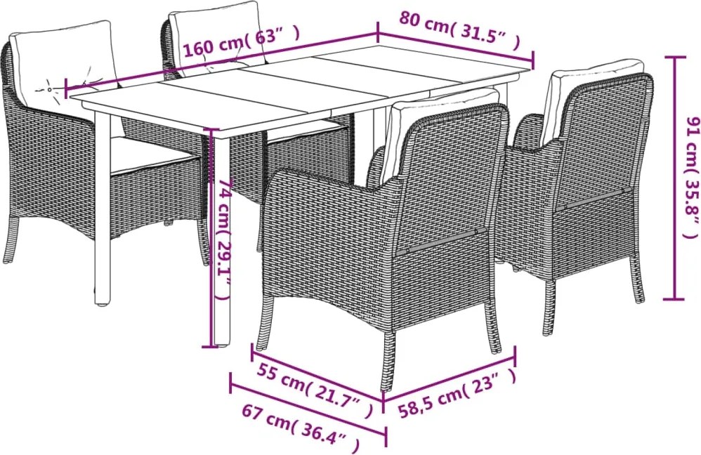 5dílný zahradní jídelní set s poduškami béžový polyratan 3211986