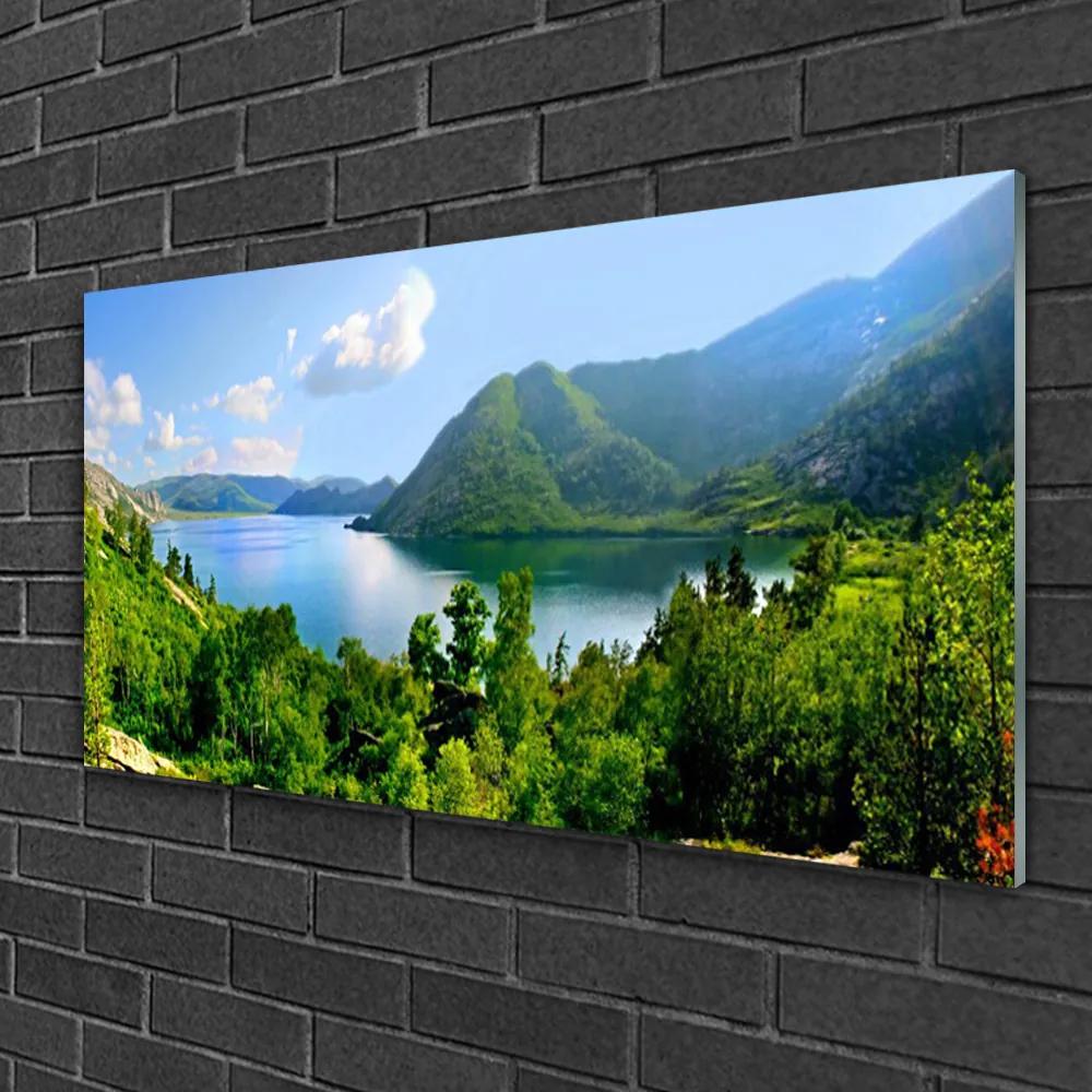 Obraz na skle Les Jezero Hory Krajina 120x60 cm