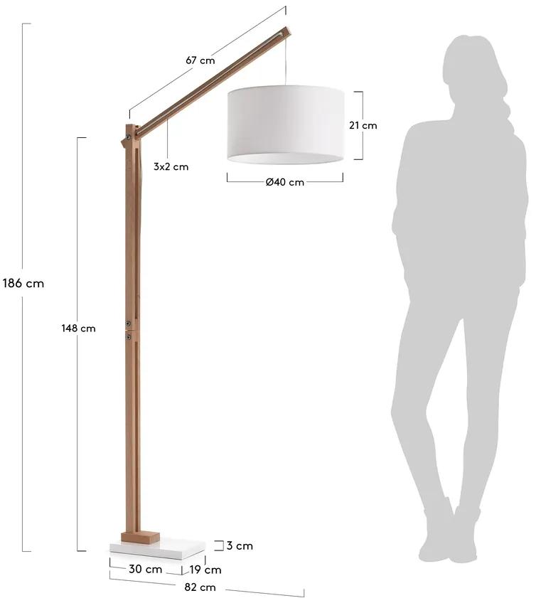 OnaDnes -20% Bílá bavlněná stojací lampa Kave Home Riaz 186 cm s dřevěnou podstavou