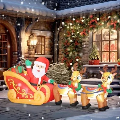 Outsunny Nafukovací vánoční dekorace, Santa Claus v saních tažených soby, polyester