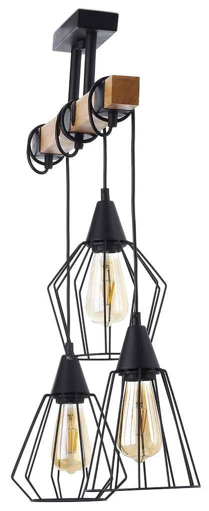 Light for home - Závěsné svítidlo na lankách 20944 "CAMEROON", 3x60W, E27, černá, přírodní olše