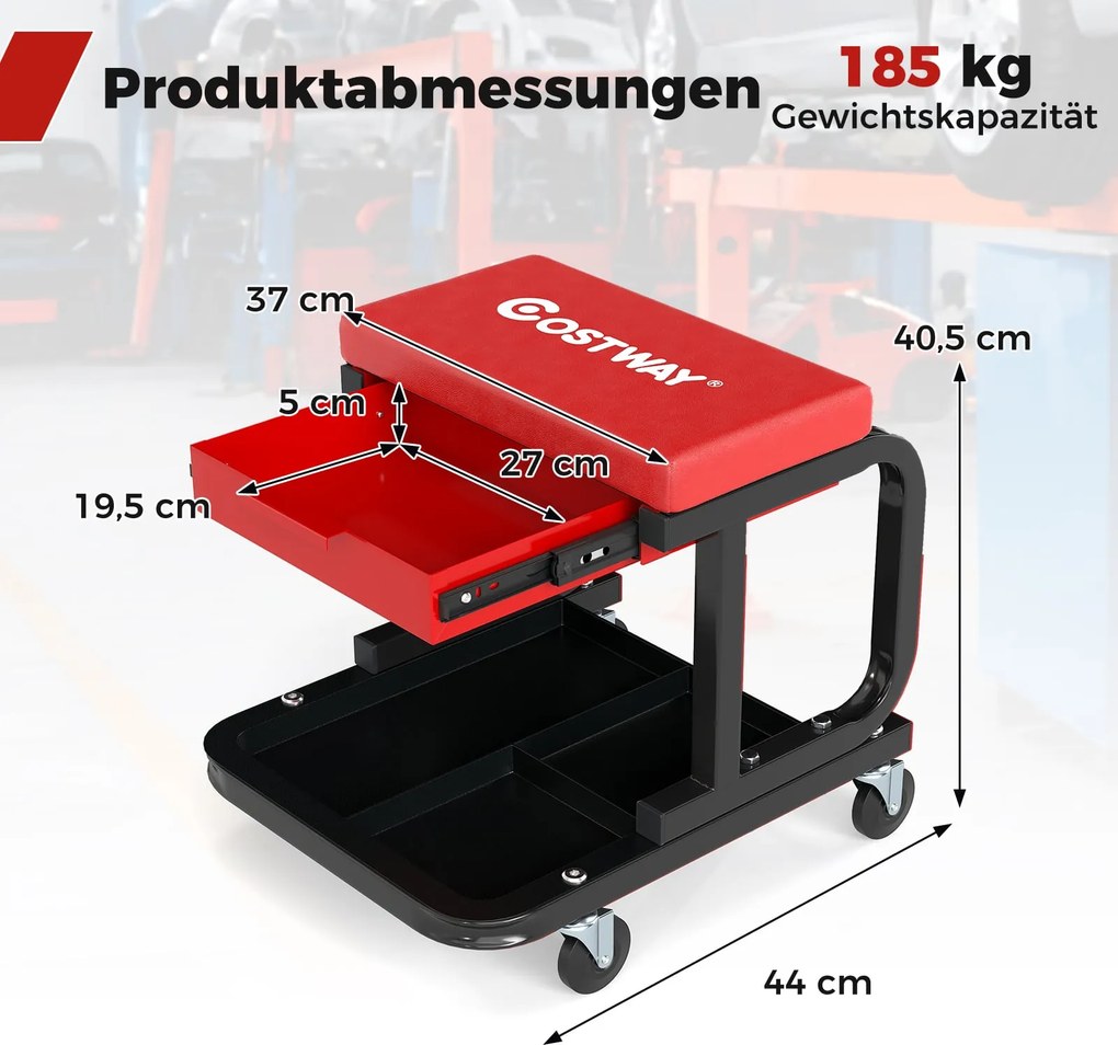 Costway Pojízdná dílenská stolička s nosností 185 kg polstrovaná mechanická