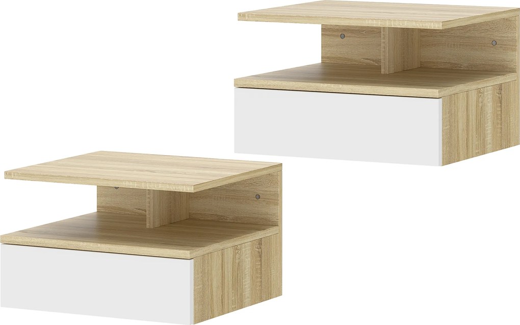 HOMCOM Sada 2 závěsných nočních stolků s šuplíkem na montáž na stěnu 35x32x22,5 cm, dub a bílá