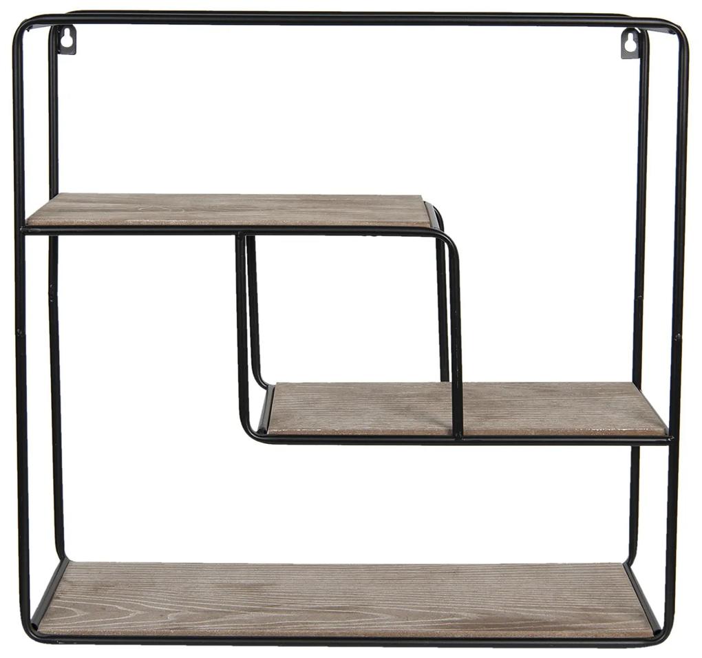 Nástěnný kovový černý regál s dřevěnými poličkami - 49*16*49 cm