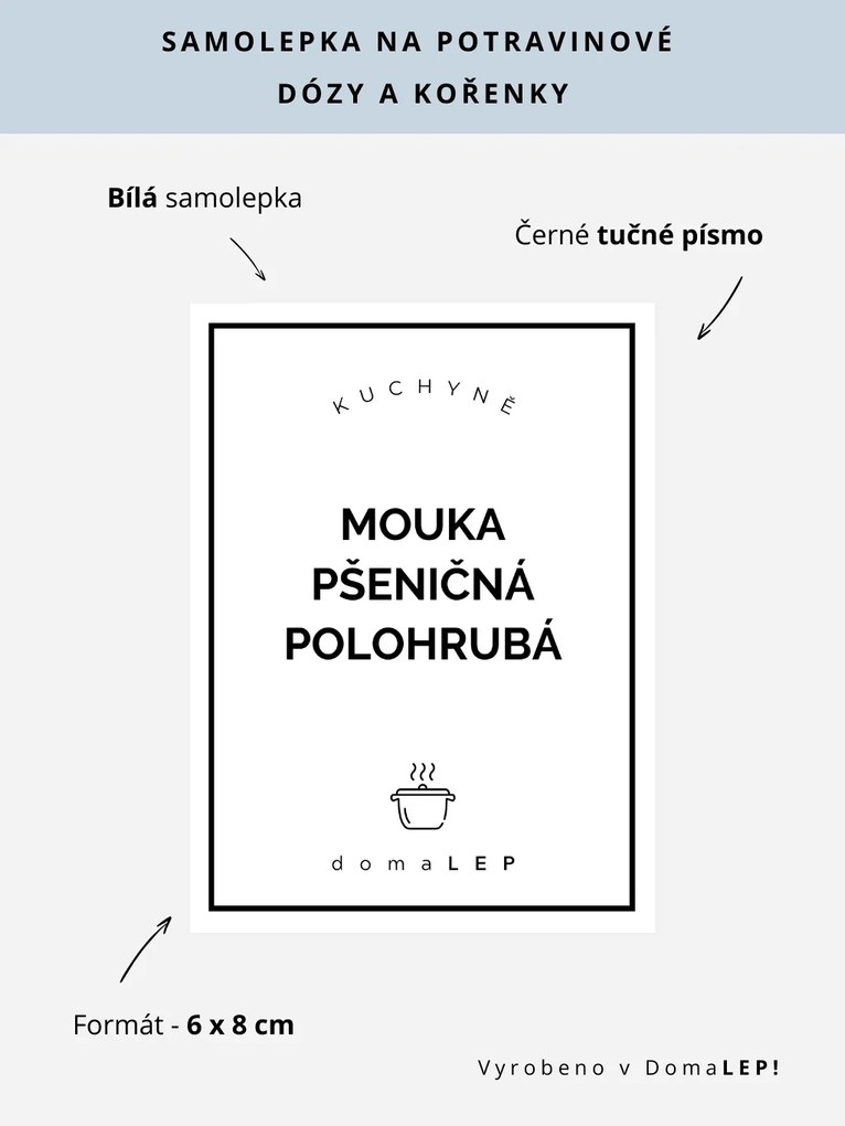 MOUKA PŠENIČNÁ POLOHRUBÁ - omyvatelná samolepka na dózu, výběr rozměrů Ø 5 cm / 5 x 5 cm / 6 x 8 cm | DomaLEP