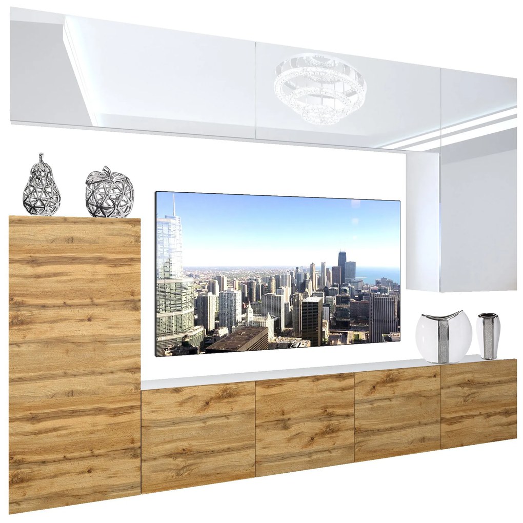 Obývací stěna Belini Premium Full Version bílý lesk / dub wotan + LED osvětlení Nexum 122