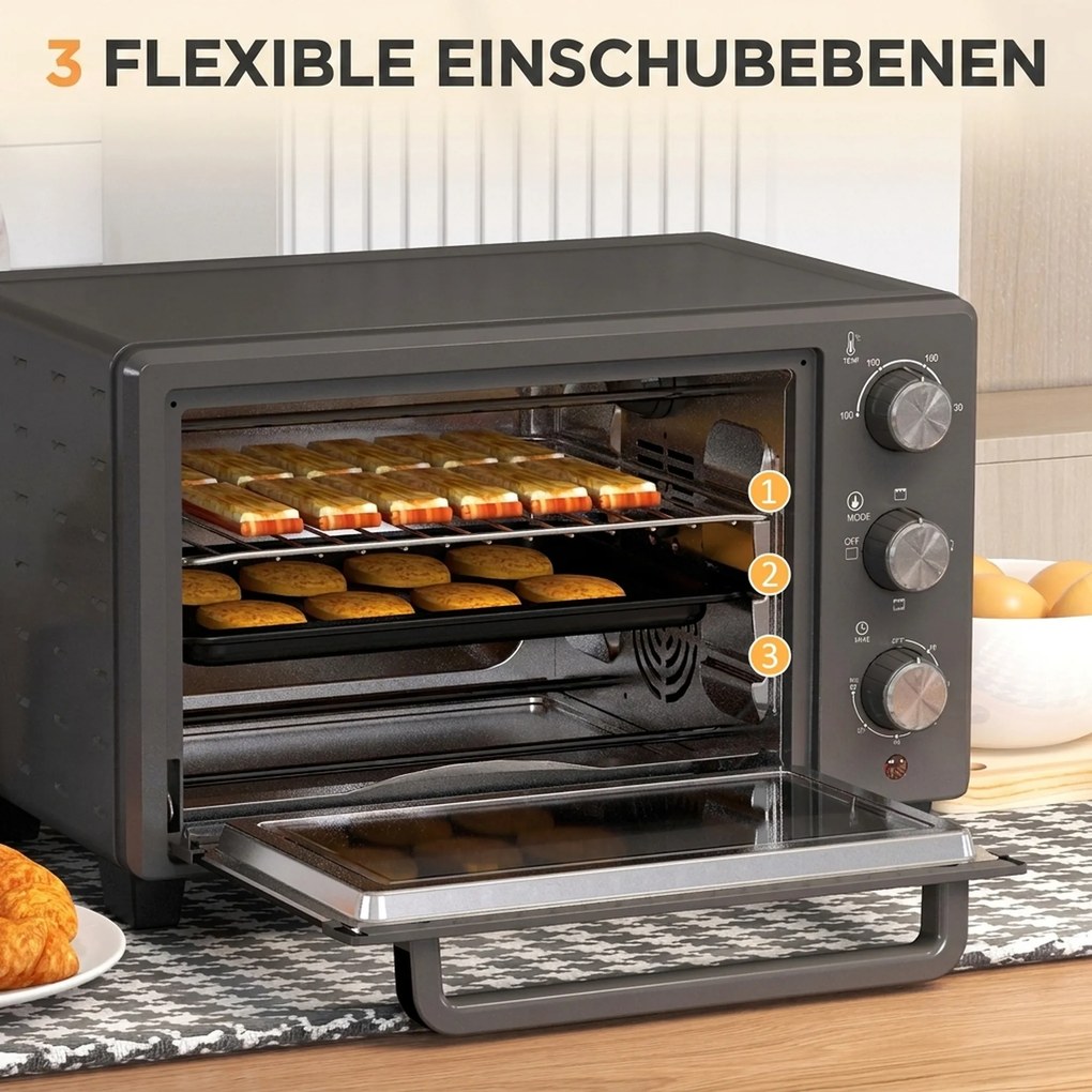HOMCOM Mini trouba 21L 1400W 60 min. časovač, malá trouba s nastavitelnou dobou pečení 100 °C-230 °C, mini trouba s pečicím plechem, drátěný rošt, ne…