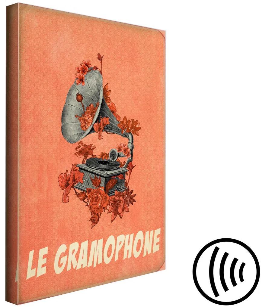 Obraz Šedý gramofon s květinami - hudební motiv s nápisem ve francouzštině