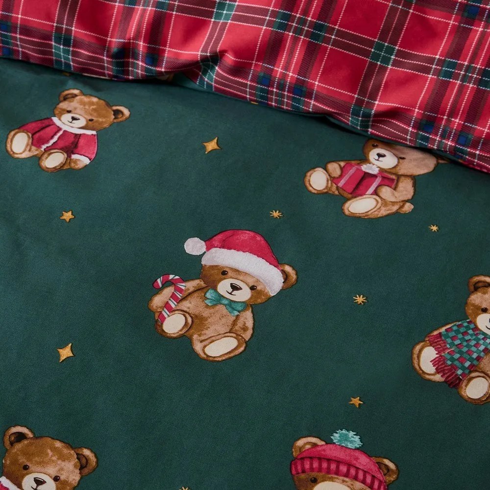 Červené/tmavě zelené povlečení na jednolůžko 150x120 cm Christmas Tartan Teddy Bear – Catherine Lansfield