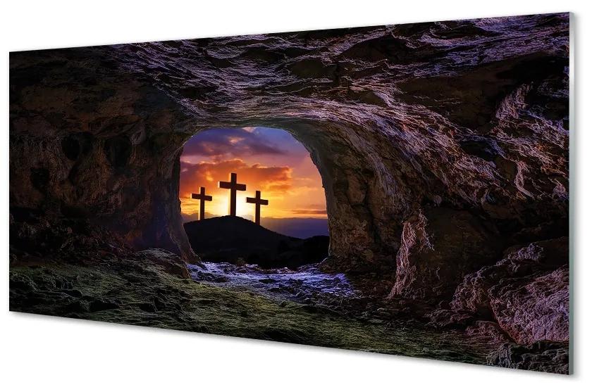 Obraz na skle kříže při západu slunce 120x60 cm