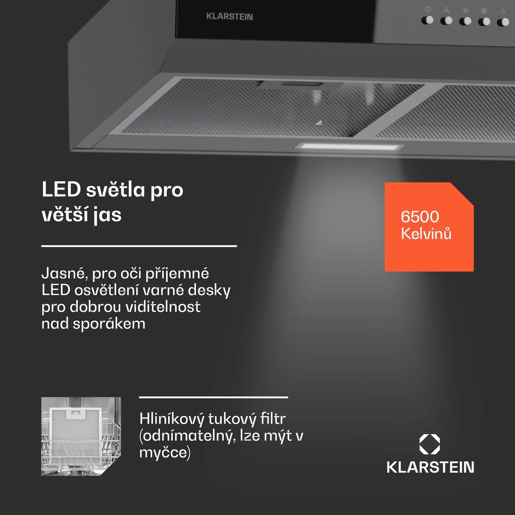 Klarstein Contempo 60, digestoř, 60 cm, podskříňková, 200 m³/h, LED, akryl, nerezavějící ocel