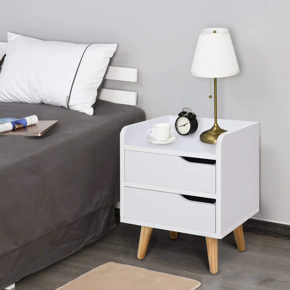 HOMCOM Víceúčelový Noční Stolek s Boční Skříňkou pro Obývací Pokoj nebo Ložnici s 2 Prostornými Zásuvkami, Borovicové Nohy, Moderní Design 33x28x42 cm