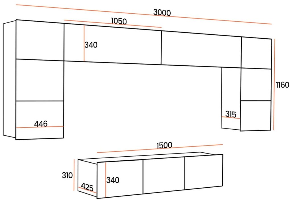 GAB Obývací stěna LORONA 2, Bílá/Zlatý dub 300 cm