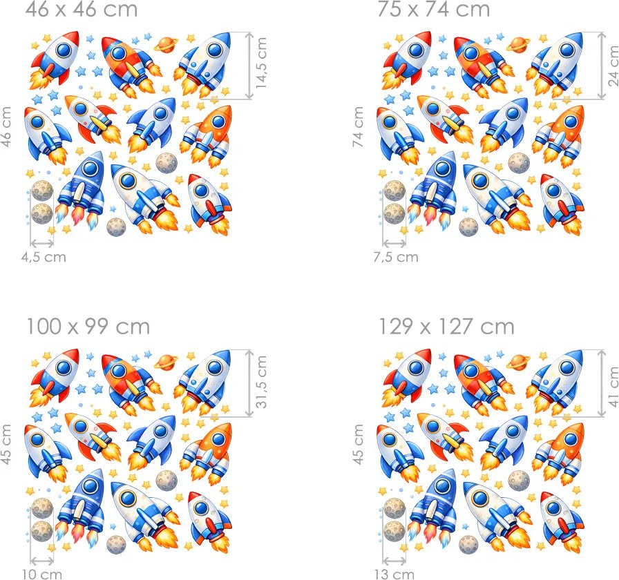 Sada vesmírných raket samolepky na zeď arch 129 x 127 cm