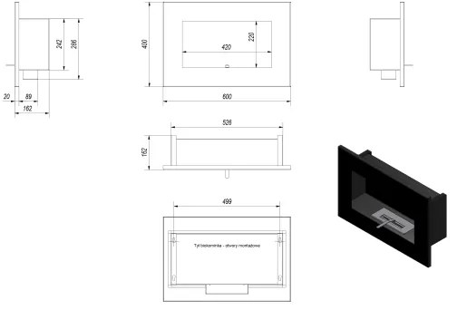 Kratki DELTA/CZARNY/TUV - Vestavěný BIO krb DELTA 40x60 cm 2kW černá
