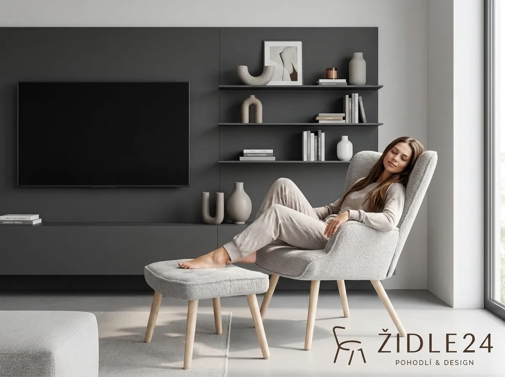 Relaxační křeslo ušák s podnožkou RENI - šedá látka bouclé