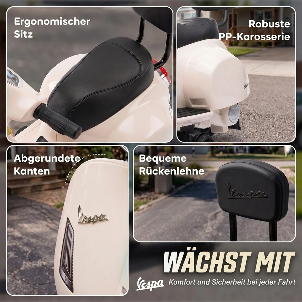 AIYAPLAY Elektro motorka pro děti Mini Vespa GTS 6V s lithiovou baterií, ergonomické sedadlo, opěrka zad, 1,5-3 roky 370-484V90WT