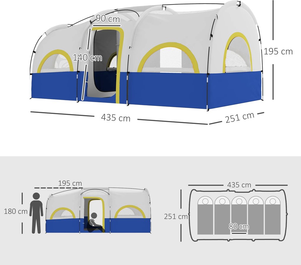 Outsunny Tunneltent, Stan pro 6 Osob se 3 Místnostmi, UV Ochrana, Síťová Okna, Odolný Rodinný Stan s Přenosnou Taškou, 3000mm Voděodolný Skupinový St…