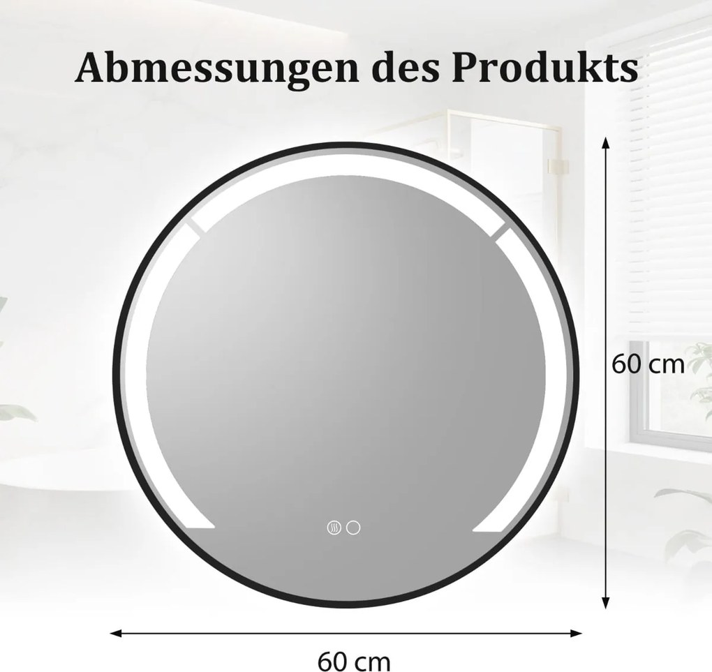 Costway 60 cm kulaté koupelnové zrcadlo s LED světlem