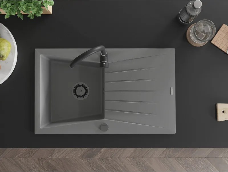Mexen Cesar, granitový dřez 775x470x190 mm, 1-komorový, šedá s černým sifonem, 6514771010-71-B