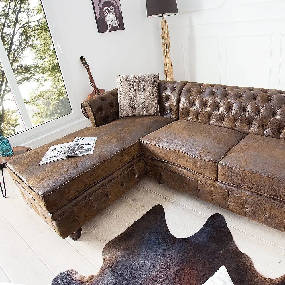 Massive home | Hnědá rohová sedací souprava Chesterfield z mikrovlákna- levý roh