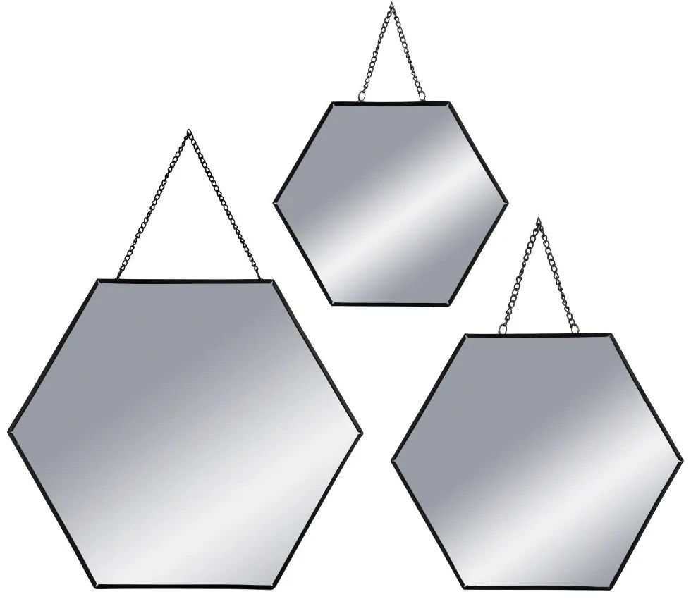Závěsné zrcadlo Hexagon, černé, sada 3ks