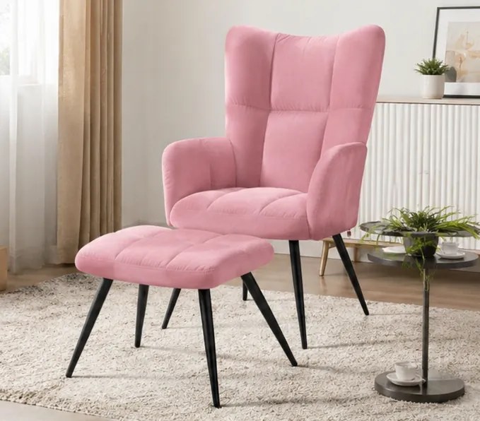 křeslo relaxační, s podnožkou, odpočinkové, ušák, kov/samet, 98x63x69 cm, černá/růžová, Dekorino KR20260016