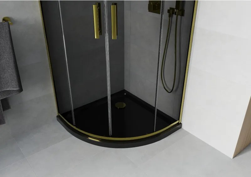 Mexen Rio, čtvrtkruhový sprchový kout s posuvnými dveřmi 90 (dveře) x 90 (dveře) x 190 cm, 5mm šedé sklo, zlatý profil + černá sprchová vanička SLIM, 863-090-090-50-40-4170G