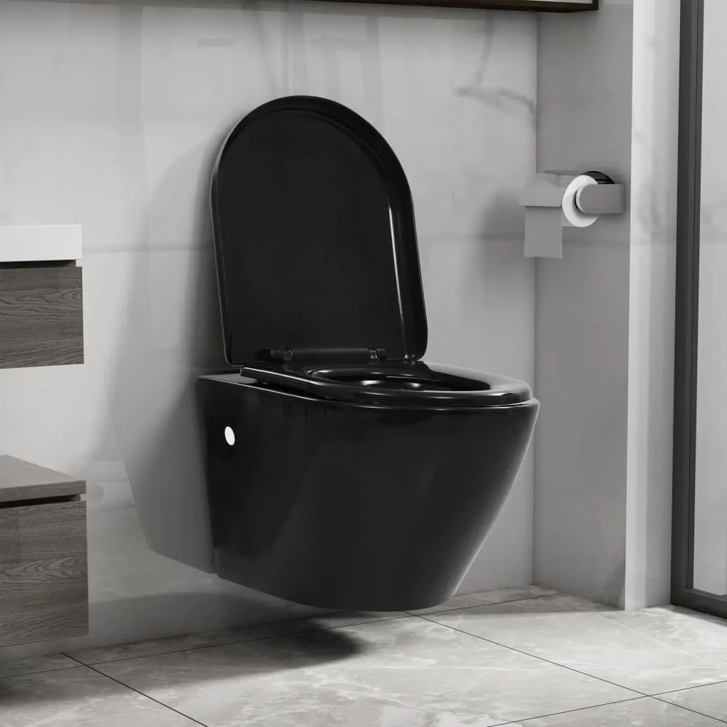 145238 vidaXL Závěsné WC bez okraje keramické černé