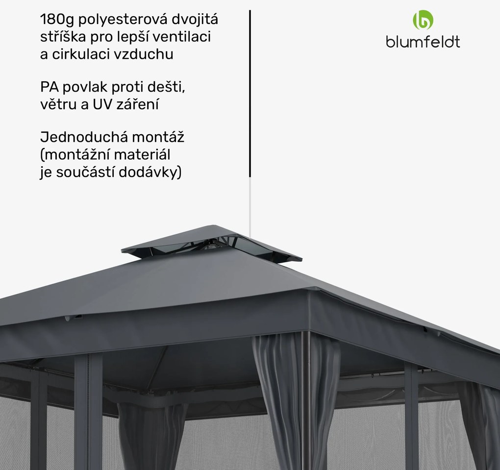 Blumfeldt Altán Mondo Dual 3x3 s dvojitou střechou a sítí proti hmyzu
