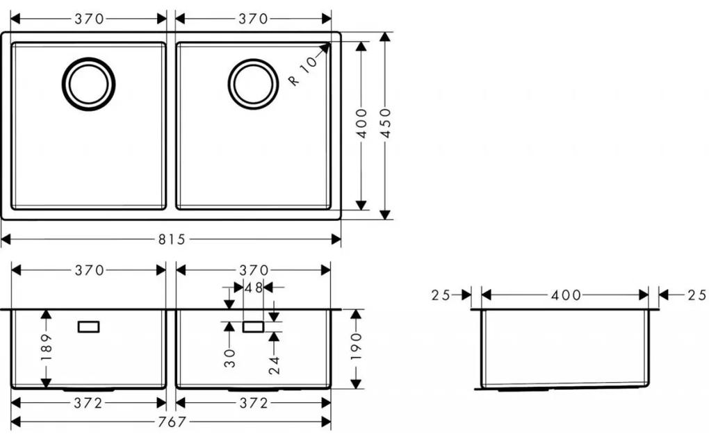 Hansgrohe - Nerezový dvoudřez 815x450mm, zabudování zdola, 43430800