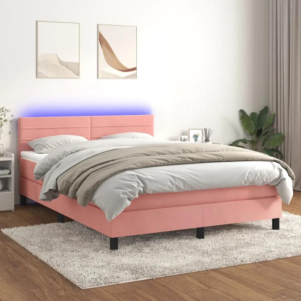 Box spring postel s matrací a LED růžová 140x190 cm samet,  3134464