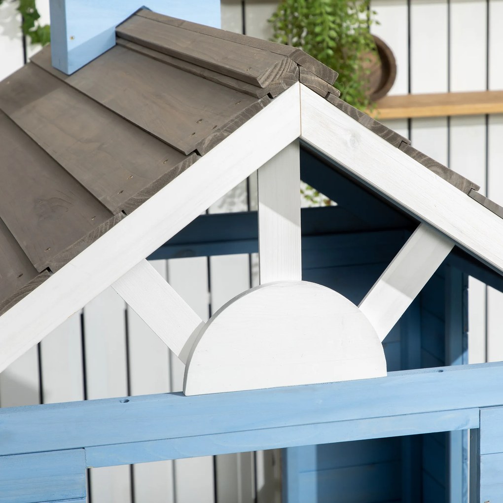 Dětský dřevěný domeček Outsunny pro venkovní hraní pro děti 3-7 let s dveřmi, okny, truhlíky a bočními ploty 151x112,5x142 cm Modrá