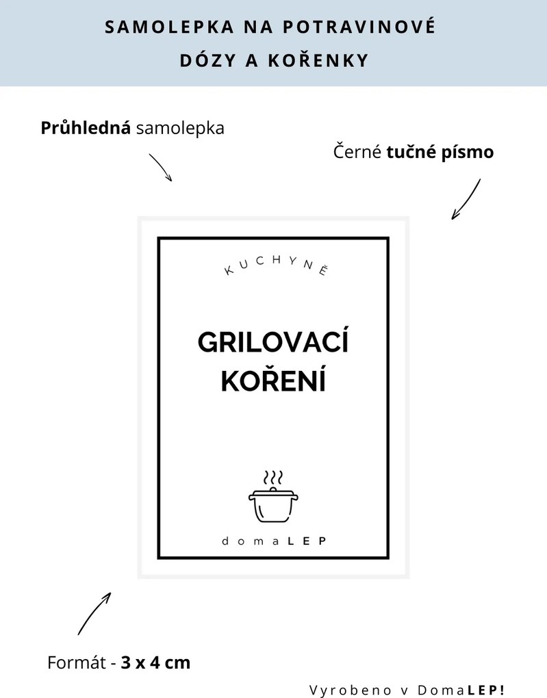 Samolepka na kořenky GRILOVACÍ KOŘENÍ průhledná 3 × 4 cm tučné písmo