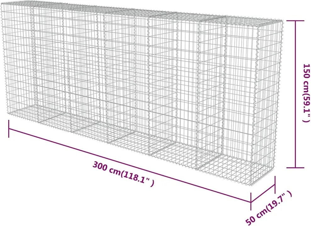 Gabionová zeď s víky z pozinkované oceli 300 x 50 x 150 cm 143593