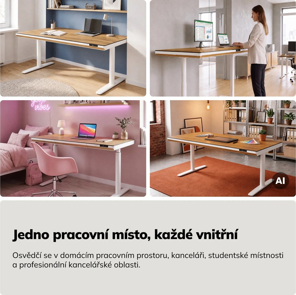Elektrický psací stůl sit-stand se zásuvkou a bezdrátovou nabíječkou Qi bílý/zlatý dub, 1600 mm: ELLIS