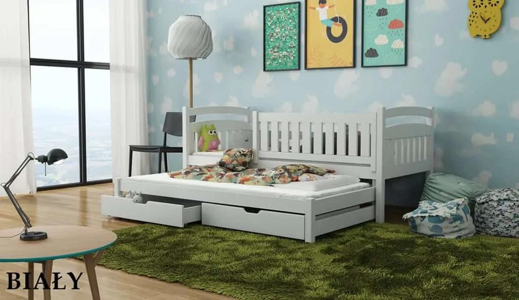 Dřevěná postel GALAXY  s úložným prostorem a výsuvným lůžkem  90x190cm - BÍLÁ