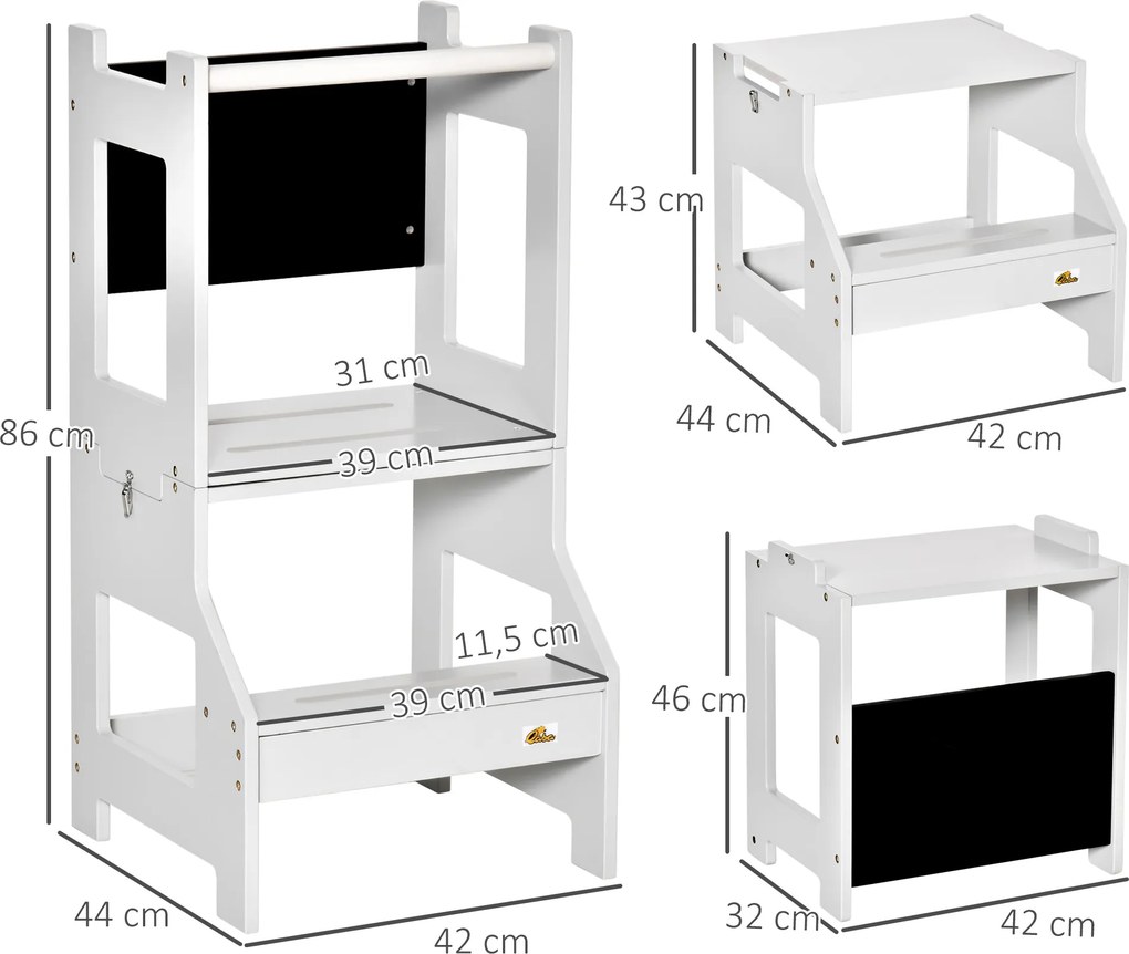 HOMCOM 2v1 učení věž a stolička pro děti 3+ let, přestavitelná na stůl s tabulí a bezpečnostním pruhem 42x44x86 cm Šedá