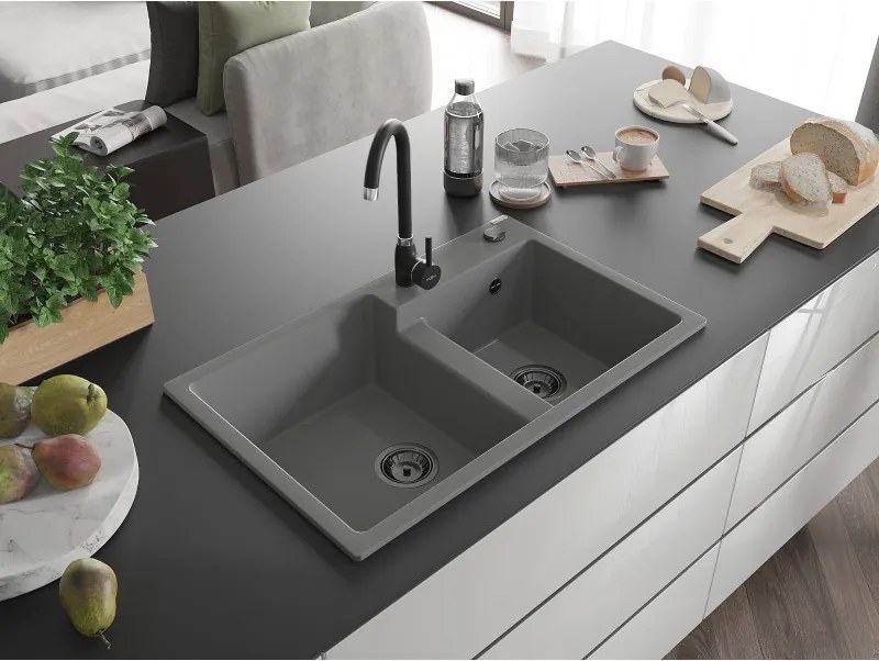 Mexen Tomas, granitový dřez 800x500x190 mm, 2-komorový, šedá s černým sifonem, 6516802000-71-B