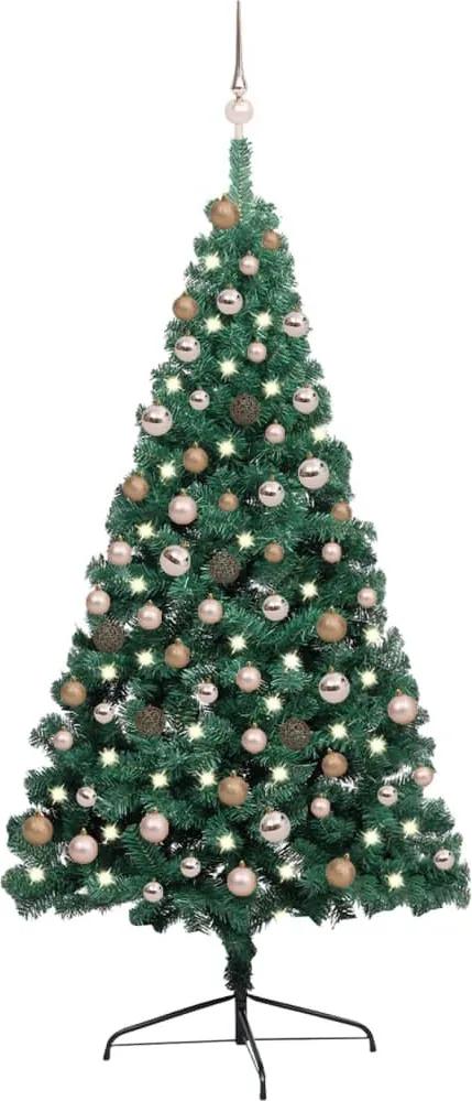 vidaXL Umělý vánoční půl stromek s LED a sadou koulí zelený 180 cm [3077565] Barva: Bílo-zlatá